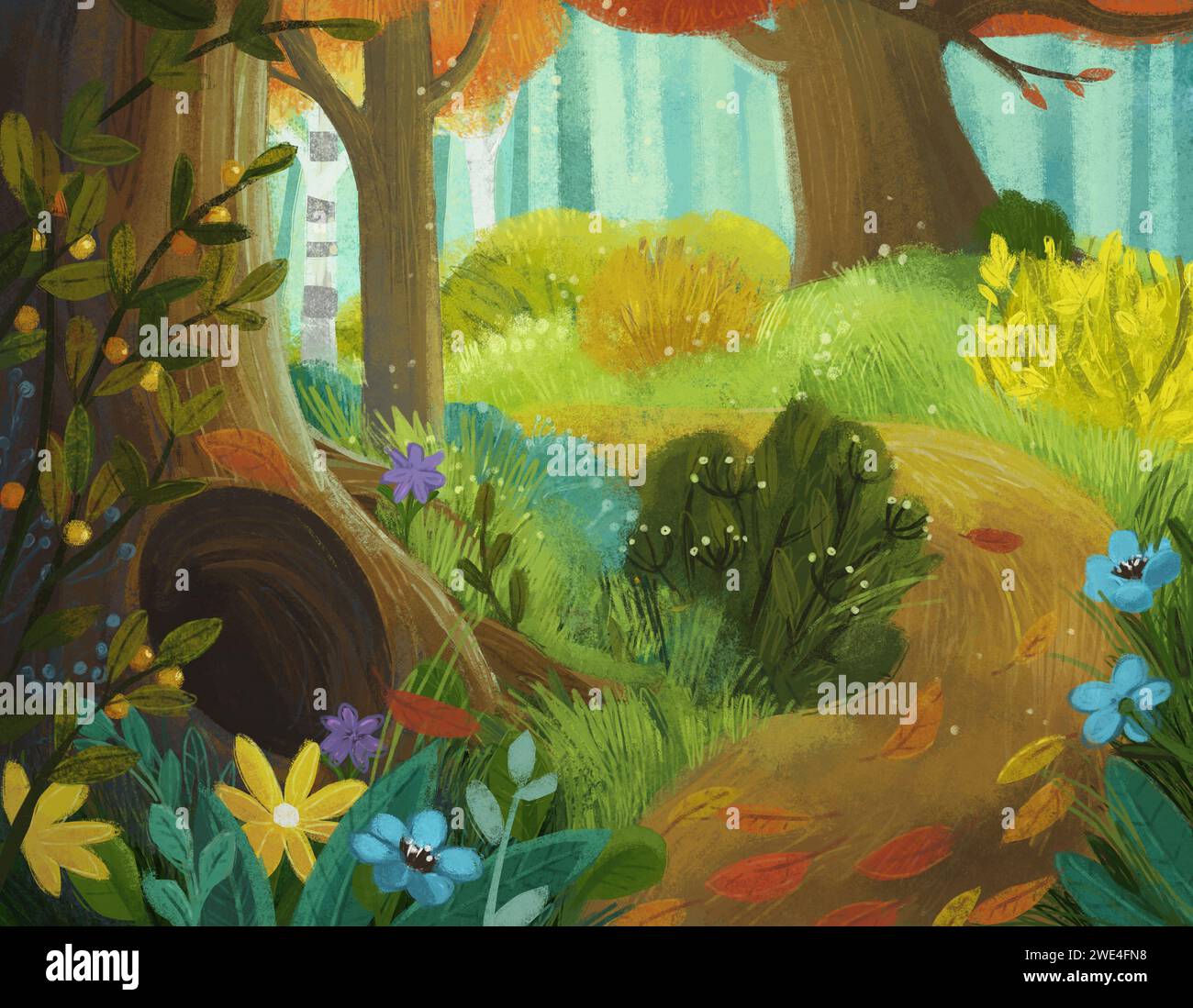 cartoon scene with magicaly looking meadow in the forest in sunny day ...