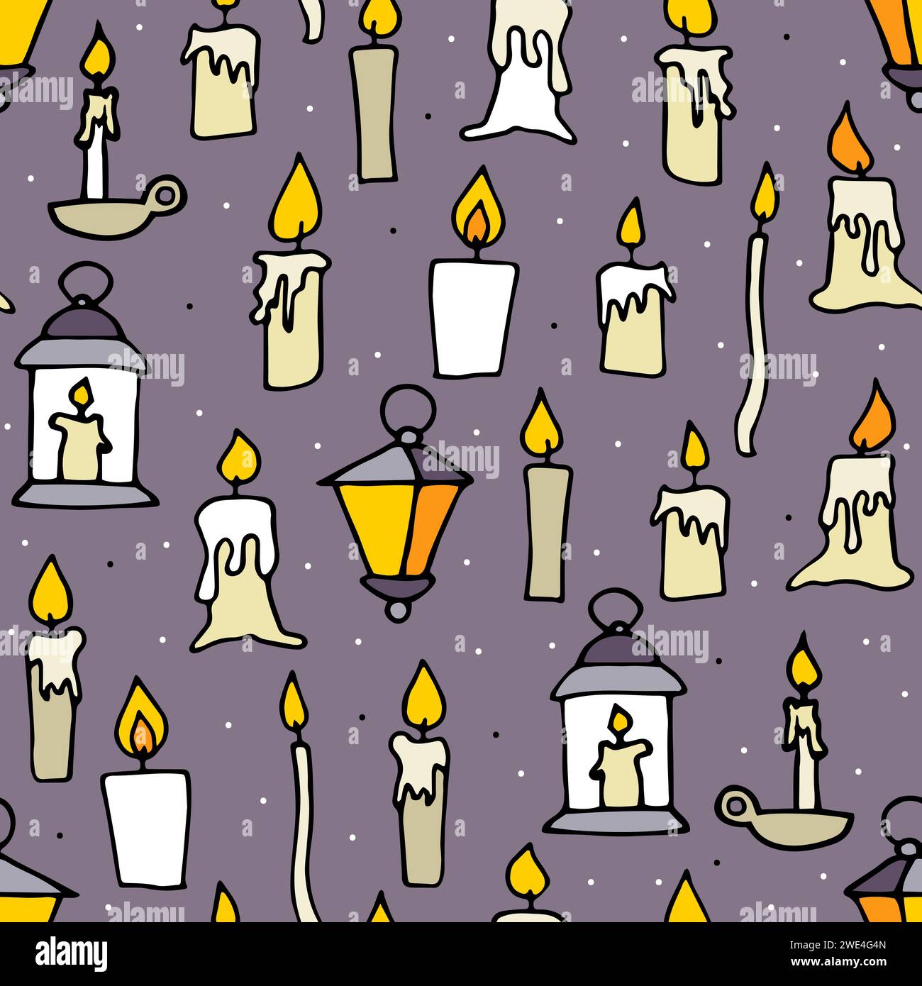 Doodle burning floating candles seamless pattern. Hand-drawn ...
