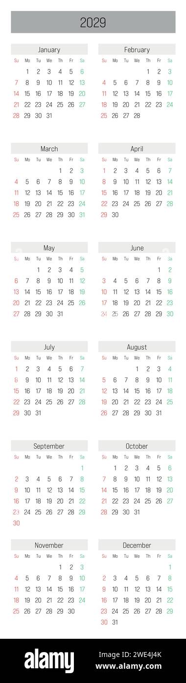 Monthly calendar of year 2029. Week starts on Sunday. Block of months ...