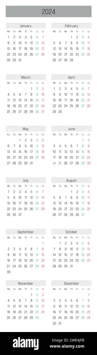 Monthly calendar of year 2024. Week starts on Monday. Block of months ...
