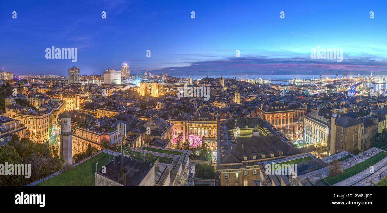 Genoa, Liguria, Italy downtown city skyline towards the Mediterranean ...