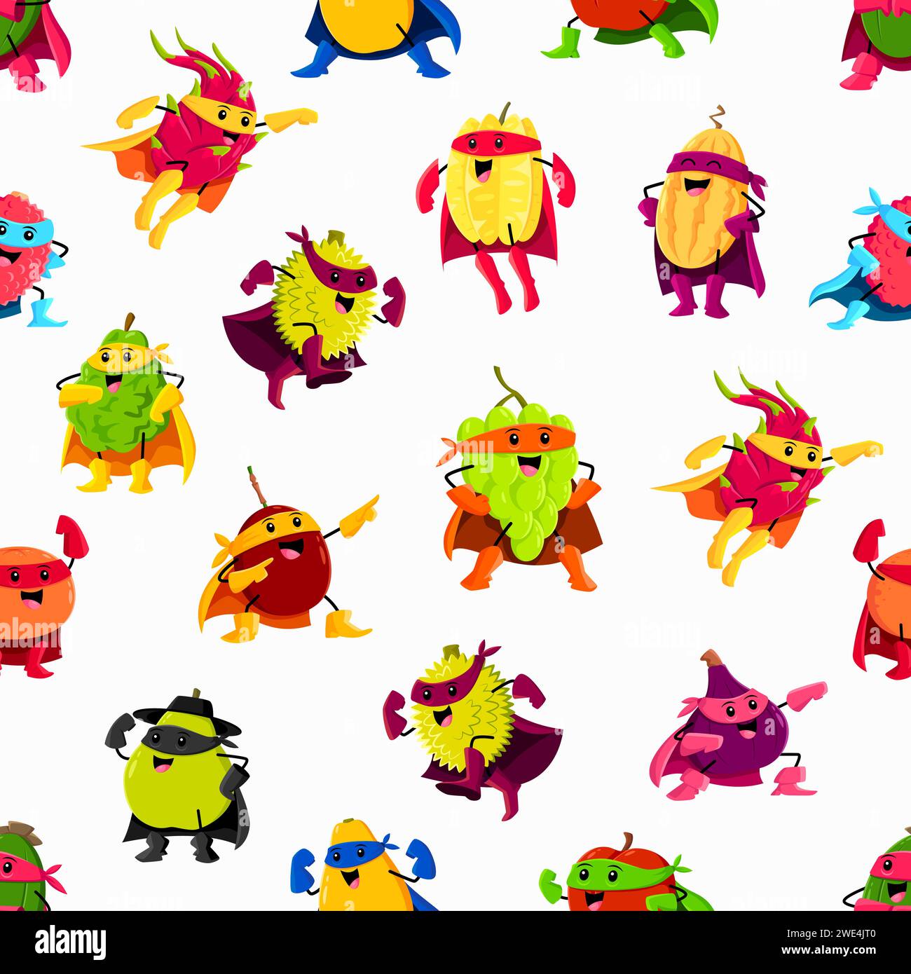 Cartoon fruit superhero and defender characters seamless pattern ...