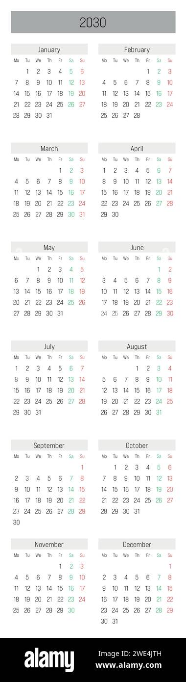 Monthly calendar of year 2030. Week starts on Monday. Block of months ...