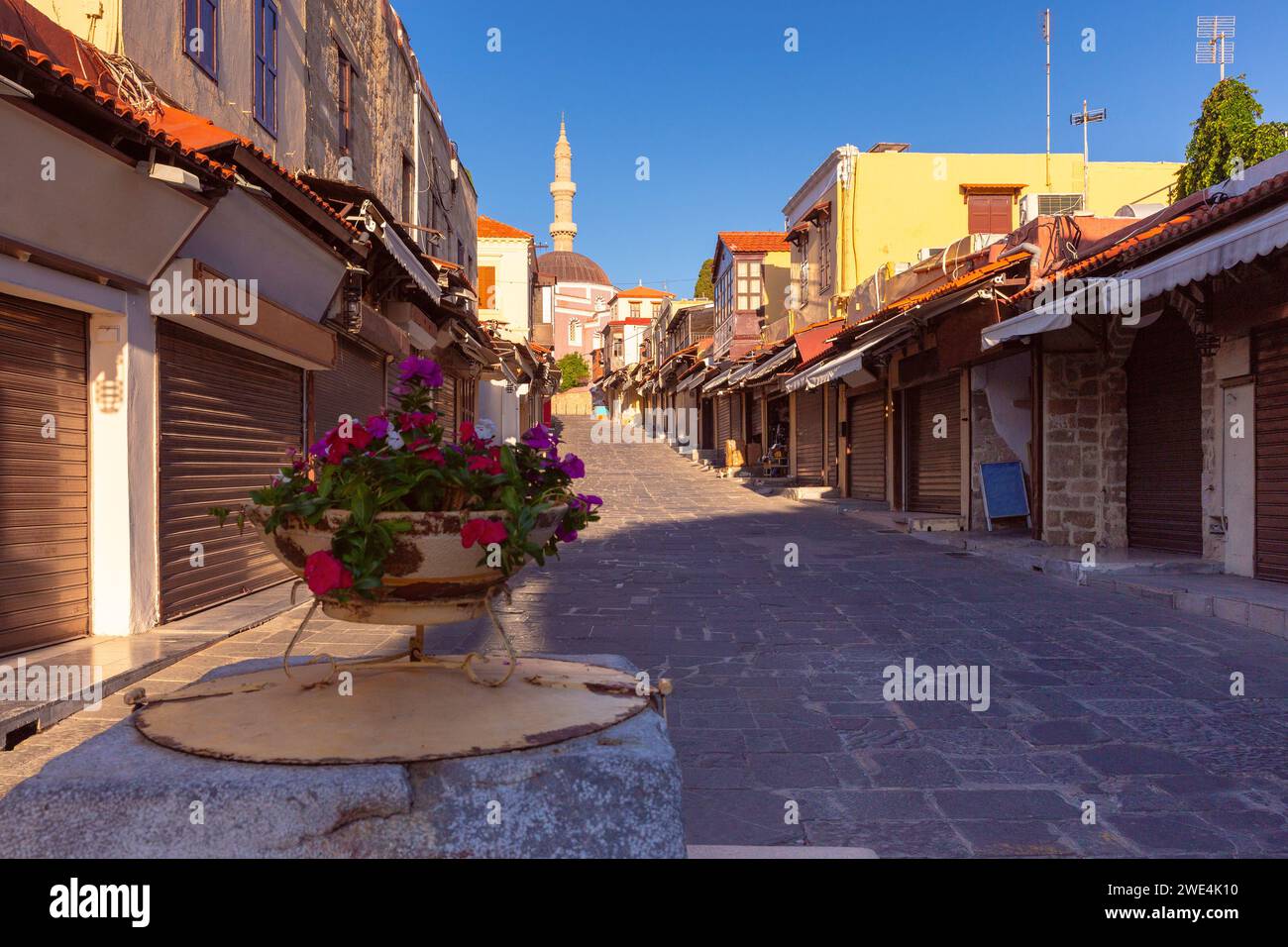Pink medieval Ottoman Suleiman Mosque in the fortress of Rhodes. Greece ...