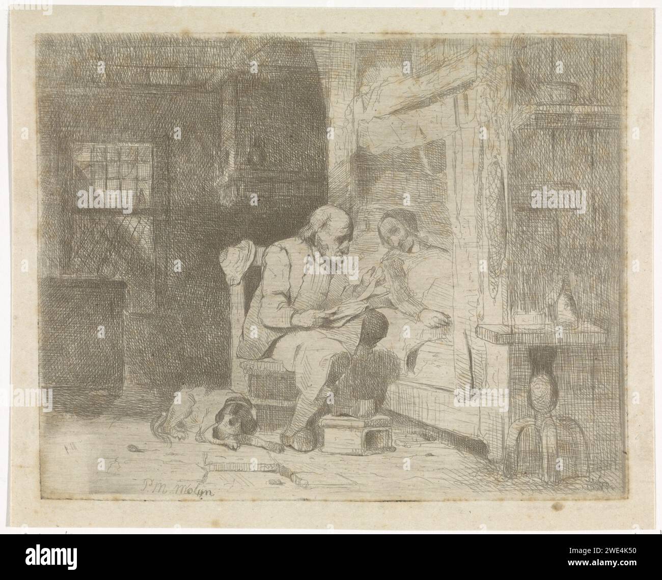 Old Man reading his wife, Petrus Marius Molijn, 1829 - 1849 print An ...