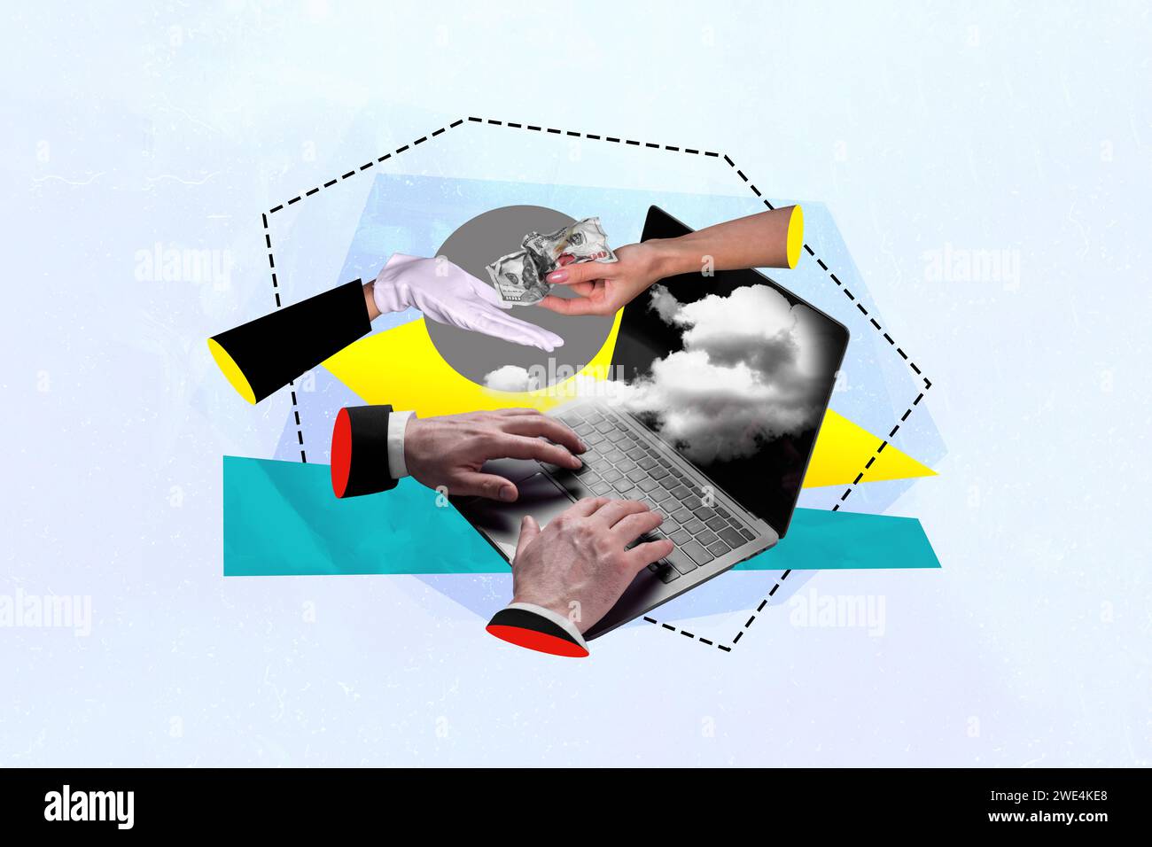 Collage creative poster illustration caricature human hands type ...