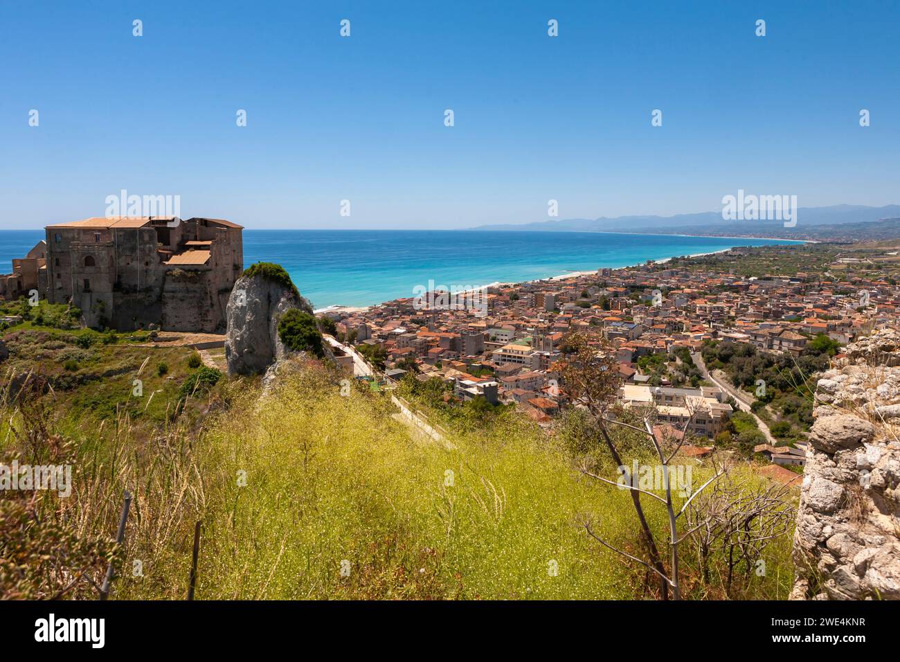 View over Roccella Ionica, Calabria, southern Italy, with the Castello ...