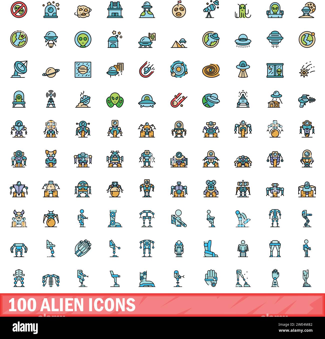 100 alien icons set. Color line set of alien vector icons thin line ...