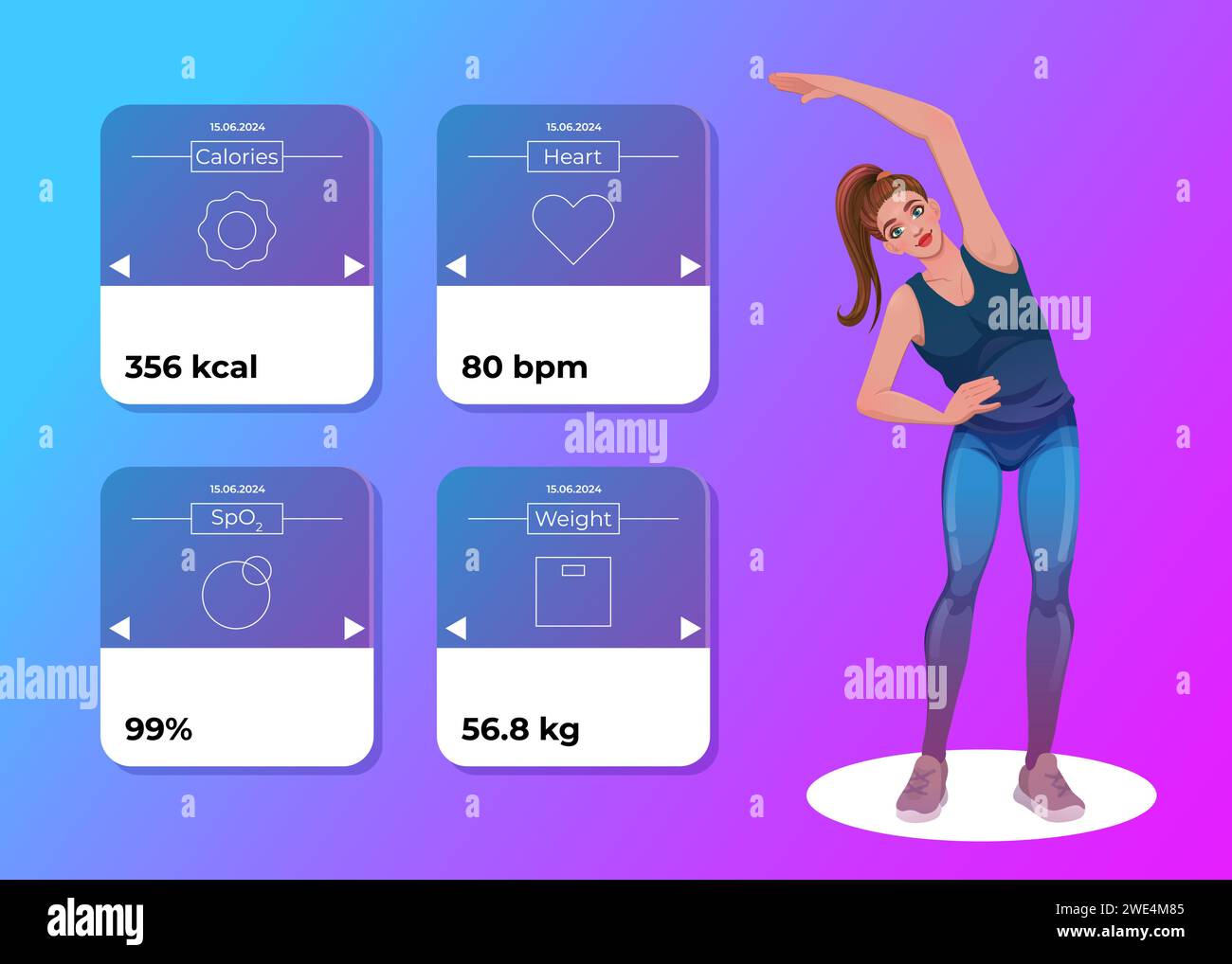 Activity fitness app for health concept with sporty woman in cartoon ...