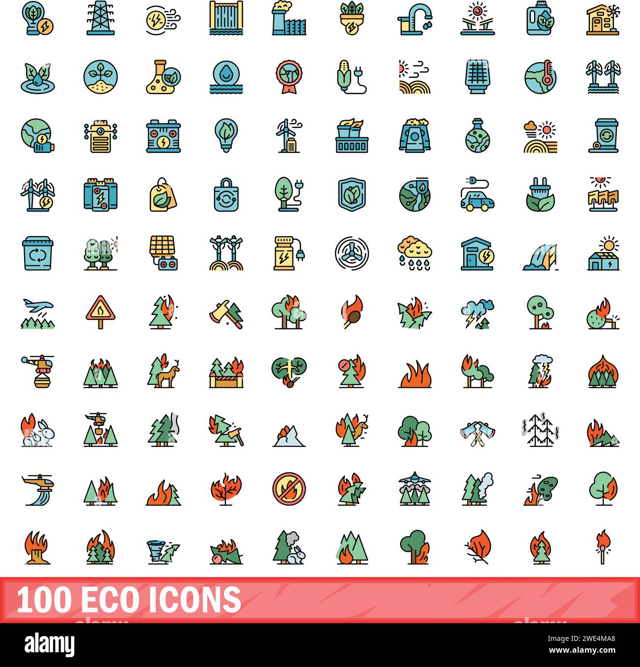 100 eco icons set. Color line set of eco vector icons thin line color ...