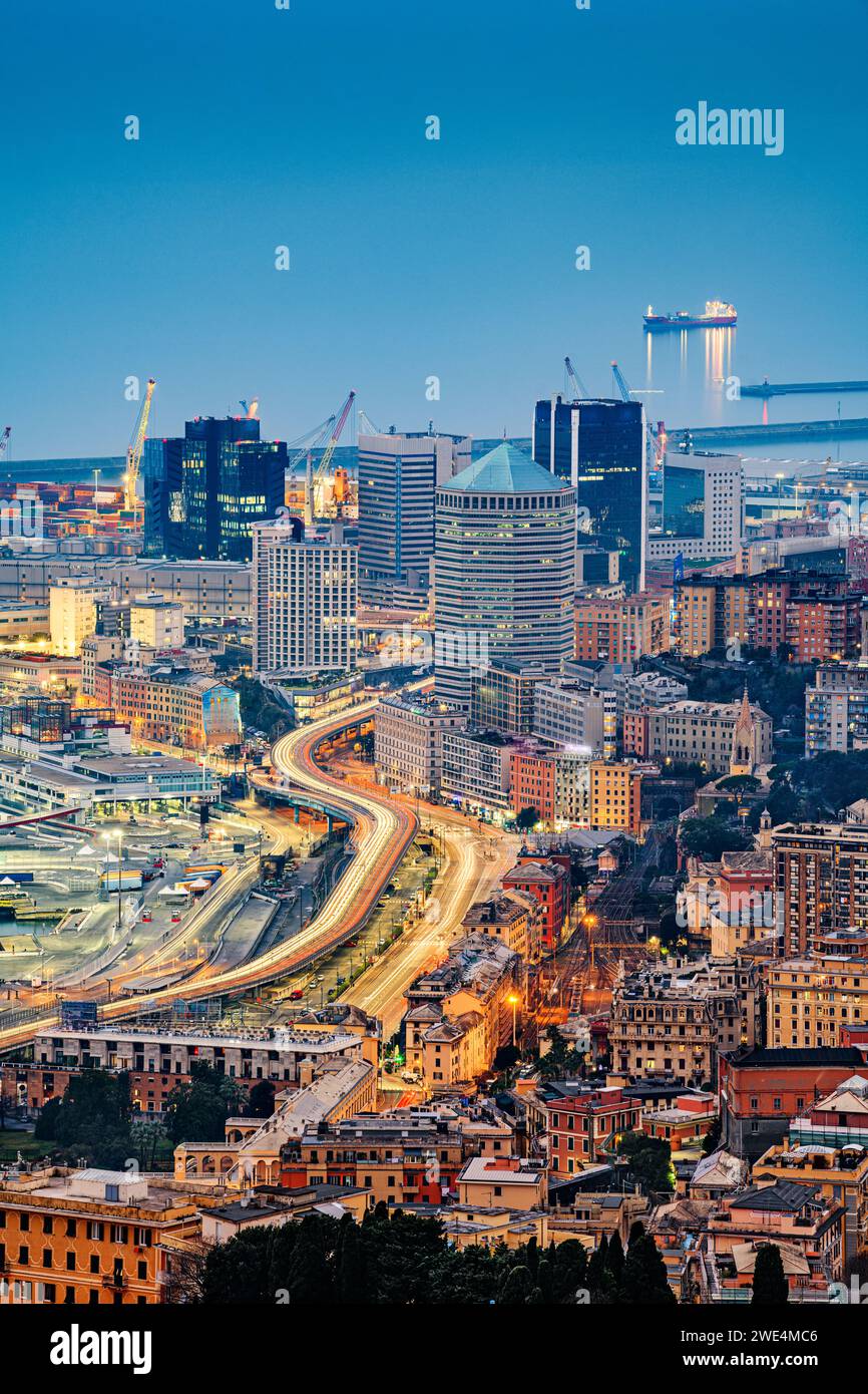 Genoa, Italy cityscape and elevated roads in San Benigno at night Stock ...