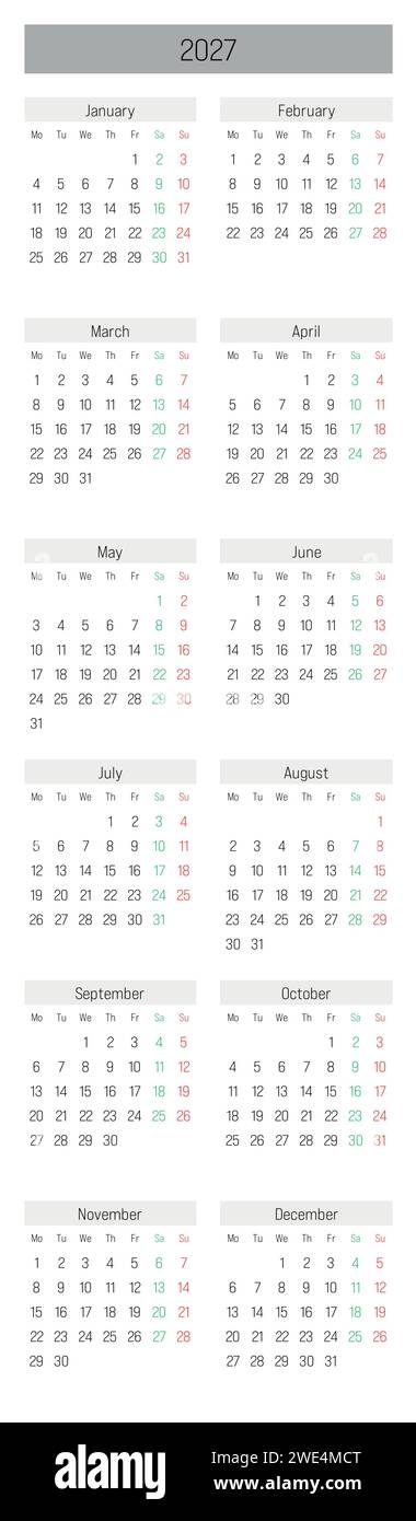 Monthly calendar of year 2027. Week starts on Monday. Block of months ...