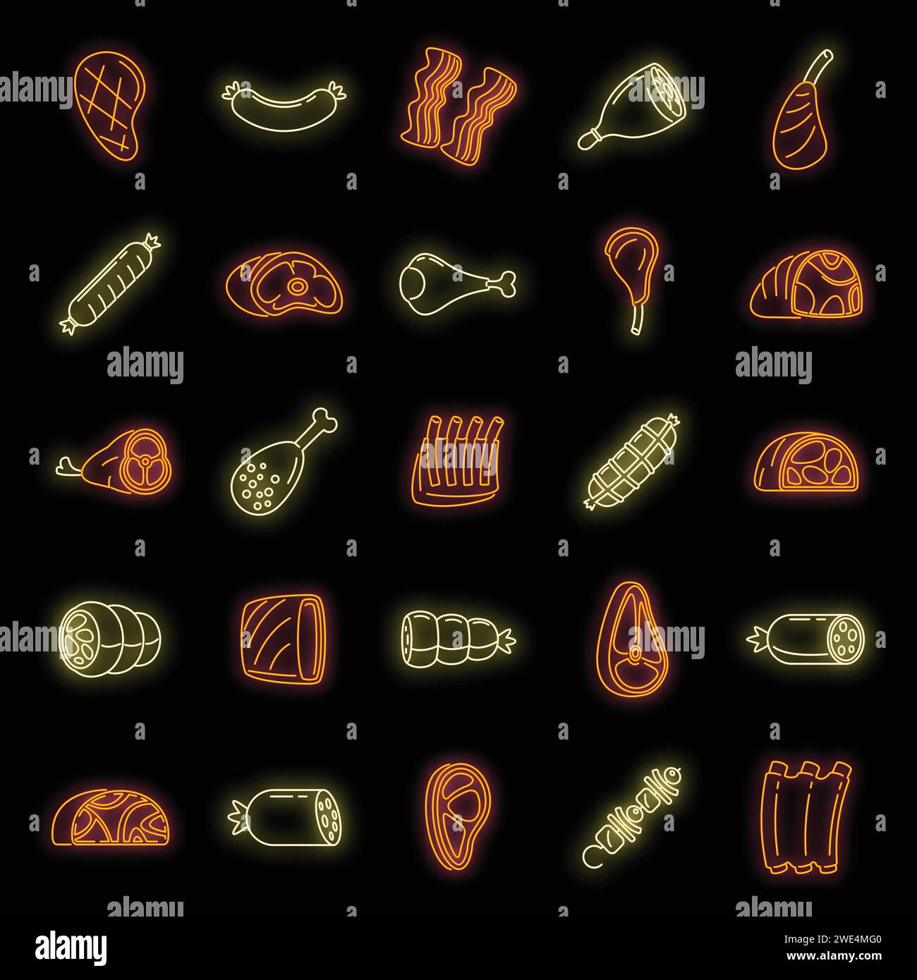 Raw meat icons set. Outline set of raw meat vector icons neon color on ...