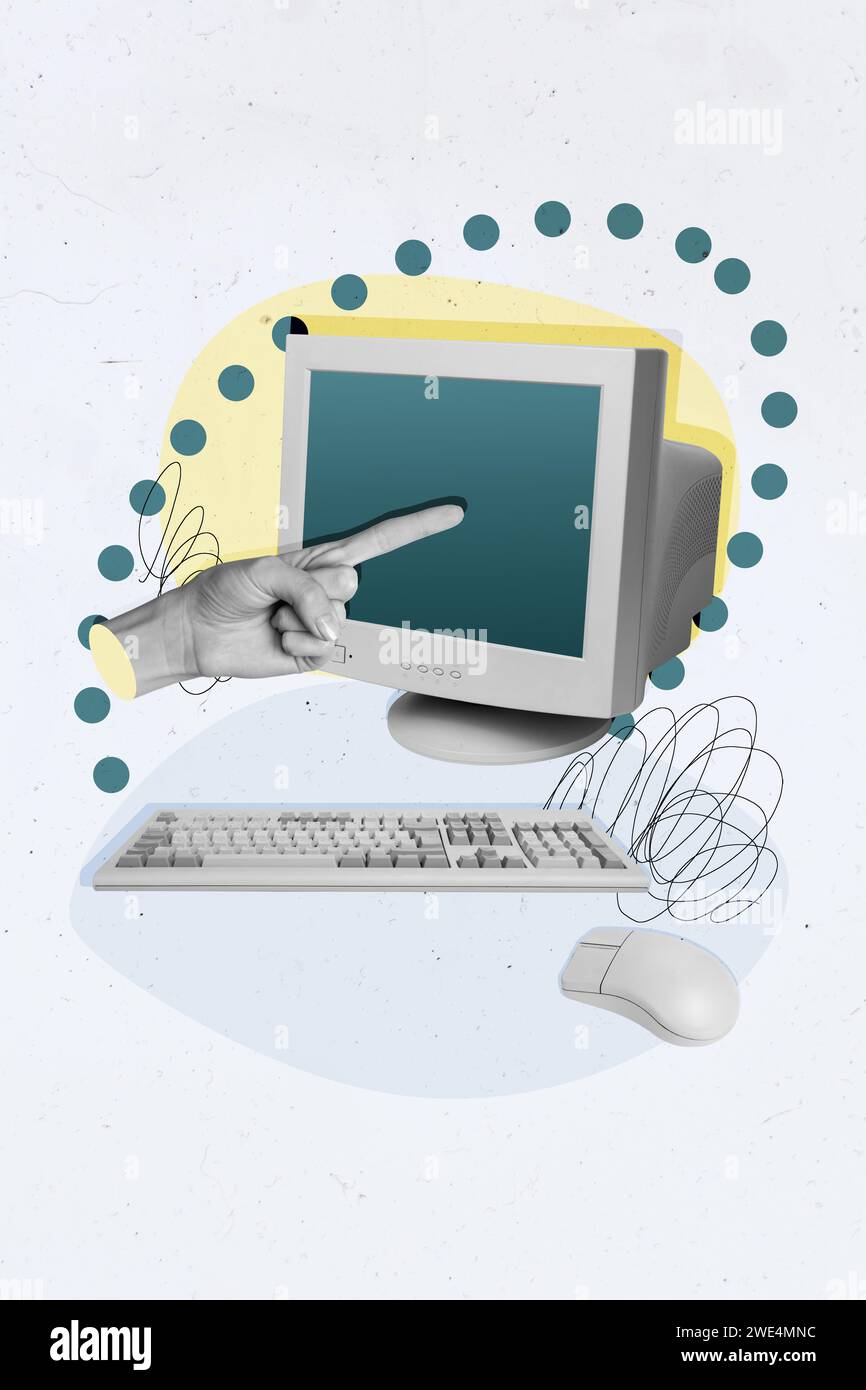 Vertical collage image of black white effect arm point finger old ...