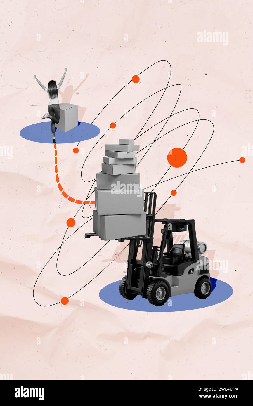 Photo collage of electric vehicle loader helps girl delivery pile boxes ...