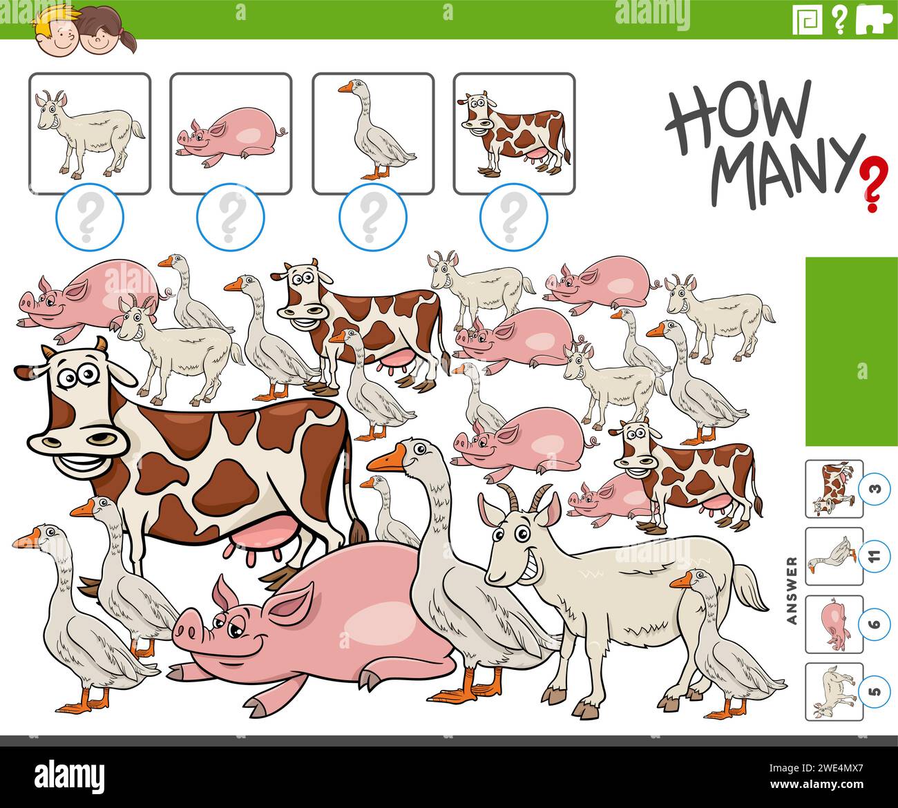 Cartoon illustration of educational counting activity with comic farm ...