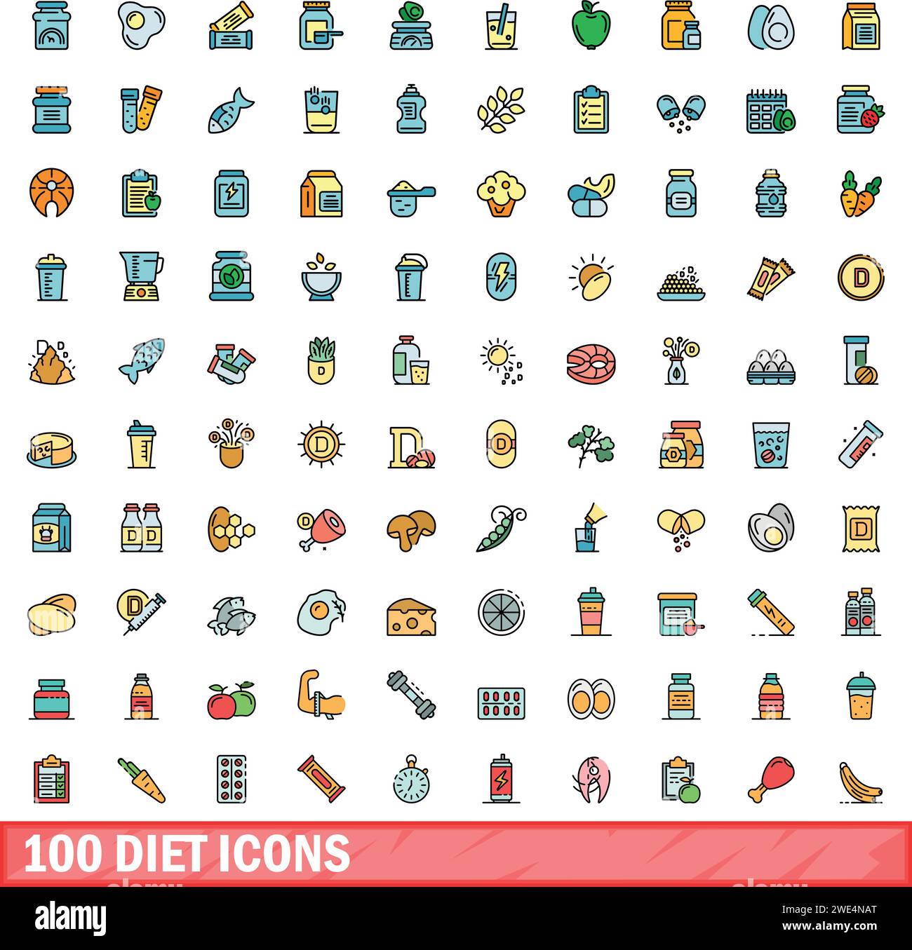 100 diet icons set. Color line set of diet vector icons thin line color ...
