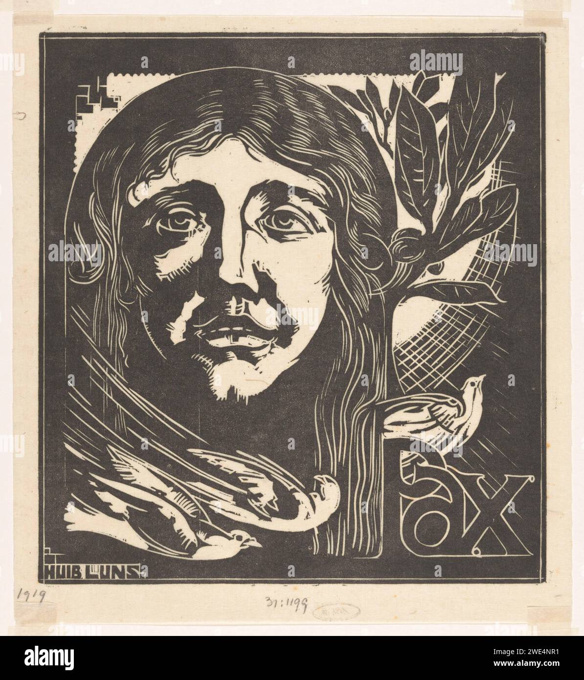 Pax with pigeons, Huib Luns, 1919 print The face of Pax. Three pigeons ...
