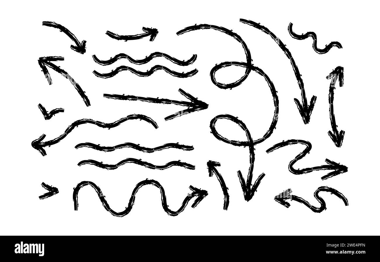 Hand drawn crayon chalk charcoal line arrows set. curvy and wavy arrows ...