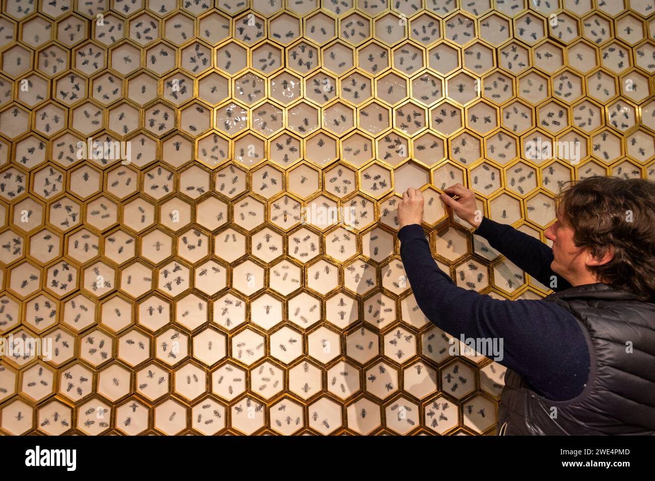 London, UK. 23 January 2024. Artist Tom Rooth with his work 'Honeycomb ...