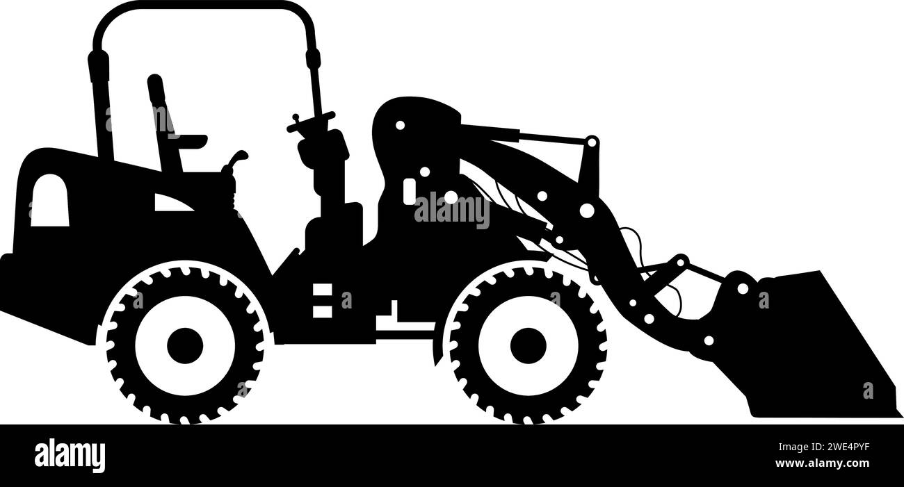 Silhouette of Compact Skid Steer Loader with Bucket and Wheels Icon in ...