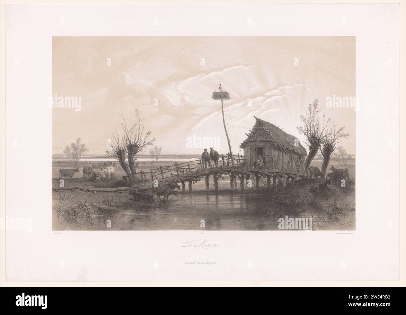 Swamp landscape with cows and figures at a house with bridge, Fortuné ...