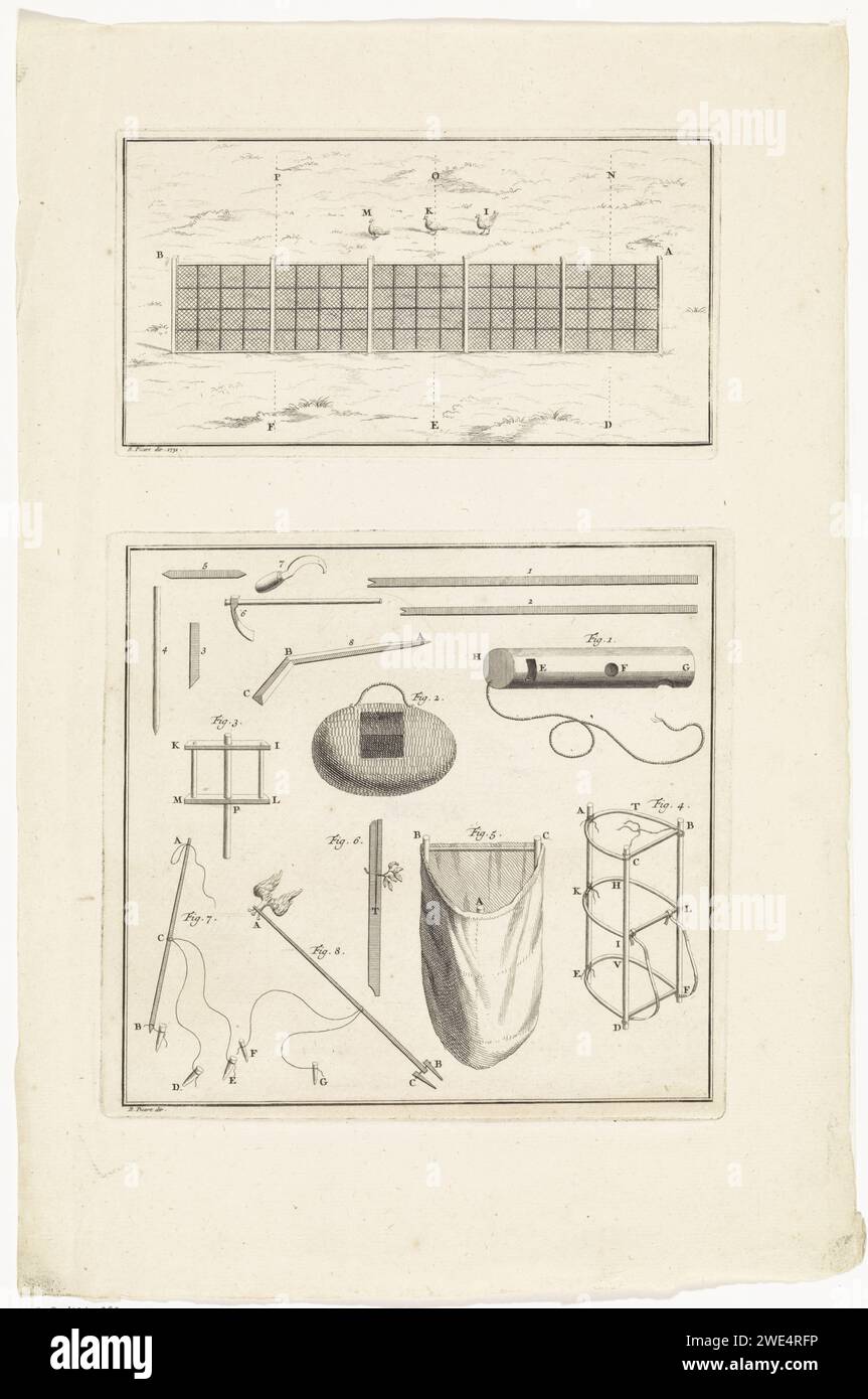 Nets and parts to catch birds, Bernard Picart (workshop of), 1731 print ...