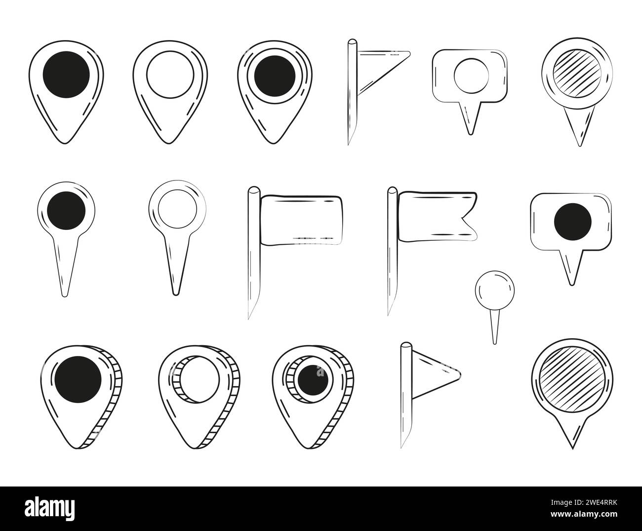 Navigation markers, pinpoints, tag in hand drawn style. Doodle pin symbol, location sign ...