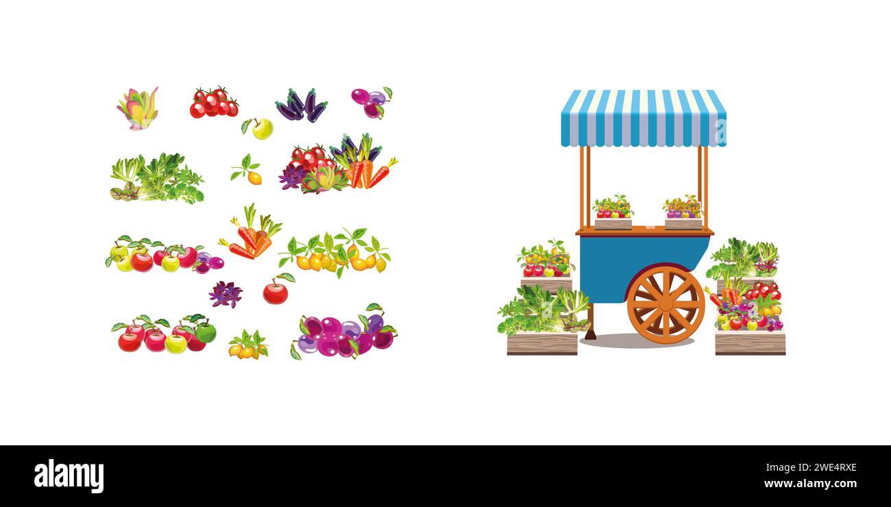 Blue trading tray on wheels with vegetables. Boxes with fruits and ...