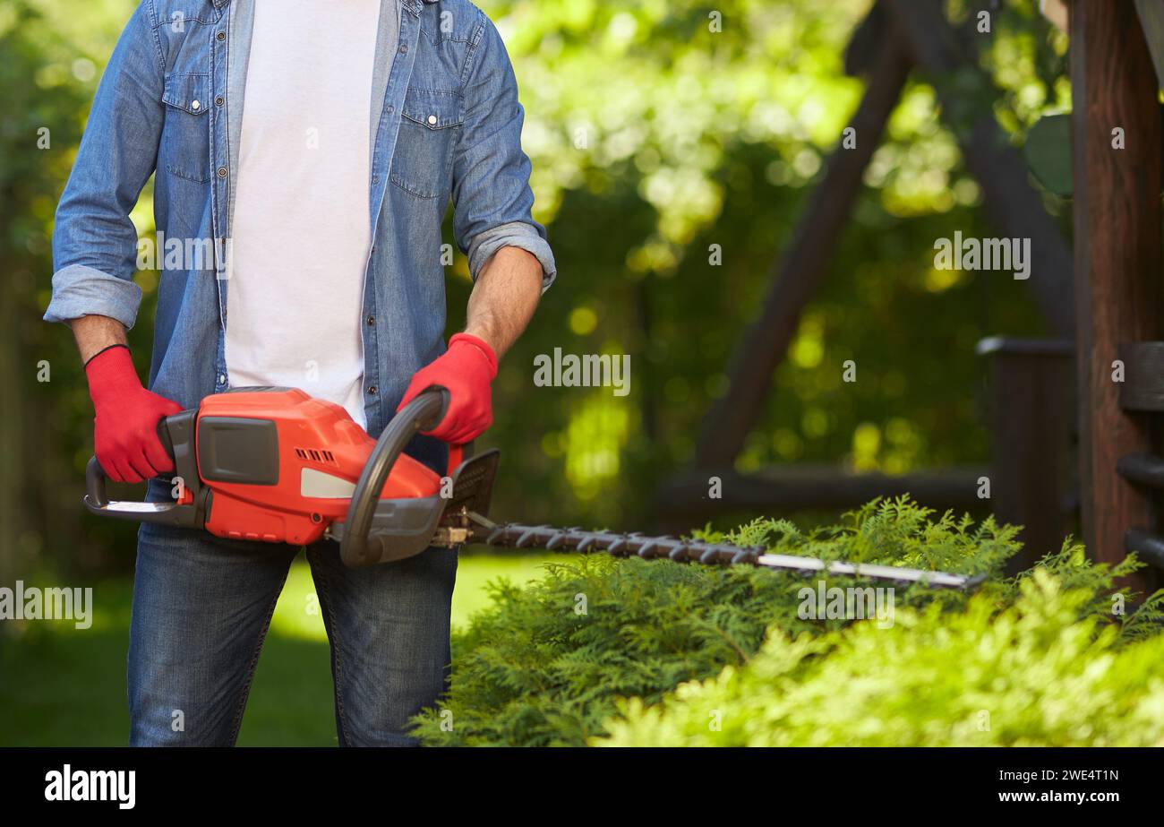 Unrecognizable strong male gardener trimming conifer hedges with modern ...