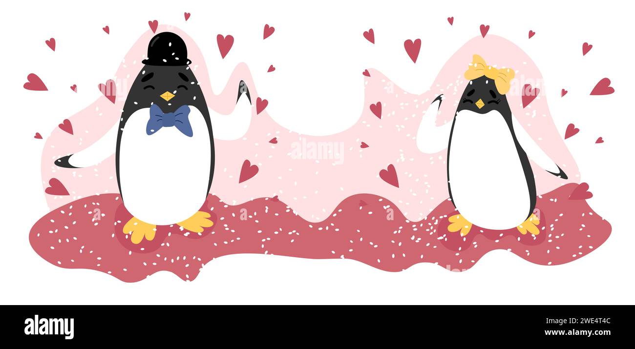 Valentine day vector illustration of two penguins in love on pink ...