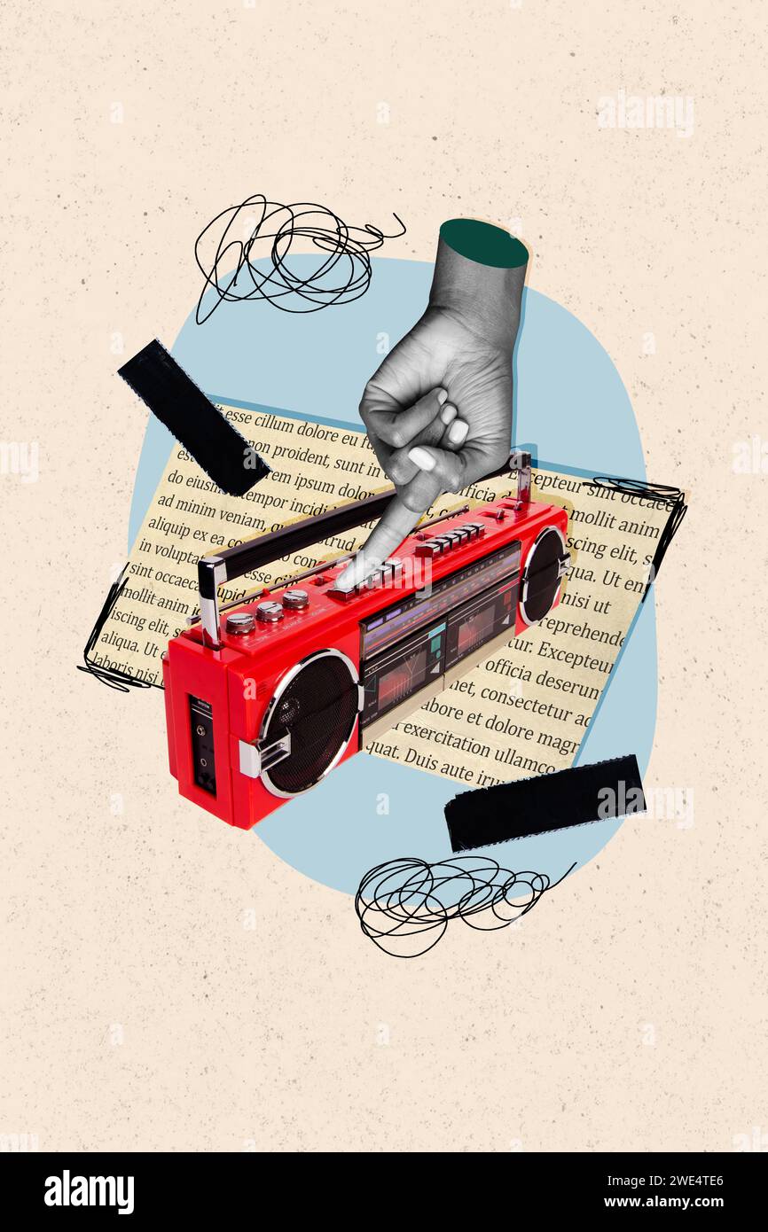 Vertical collage picture of black white colors girl arm finger press ...