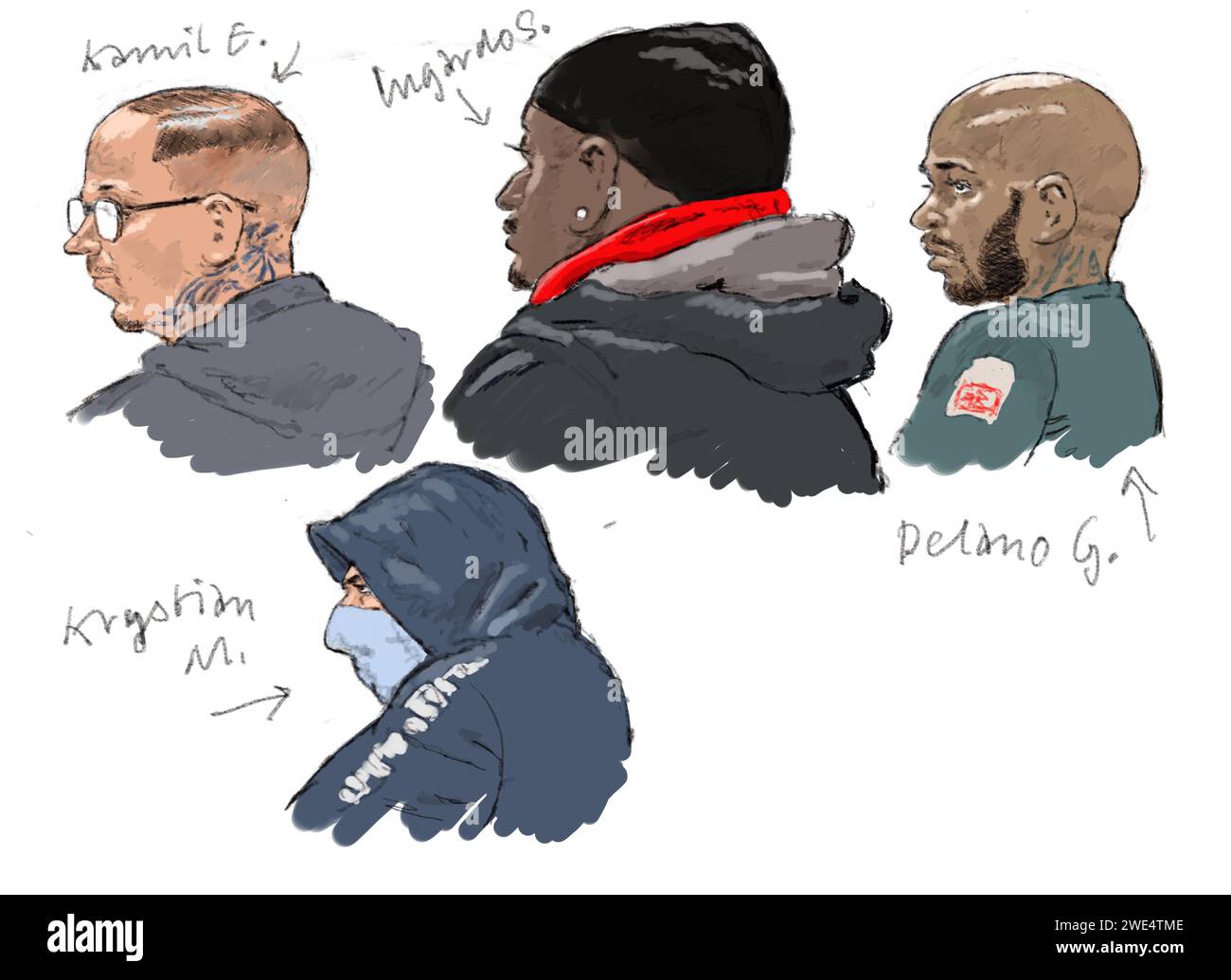 AMSTERDAM - Court drawing of four of the nine suspects (L-R Kamil E ...