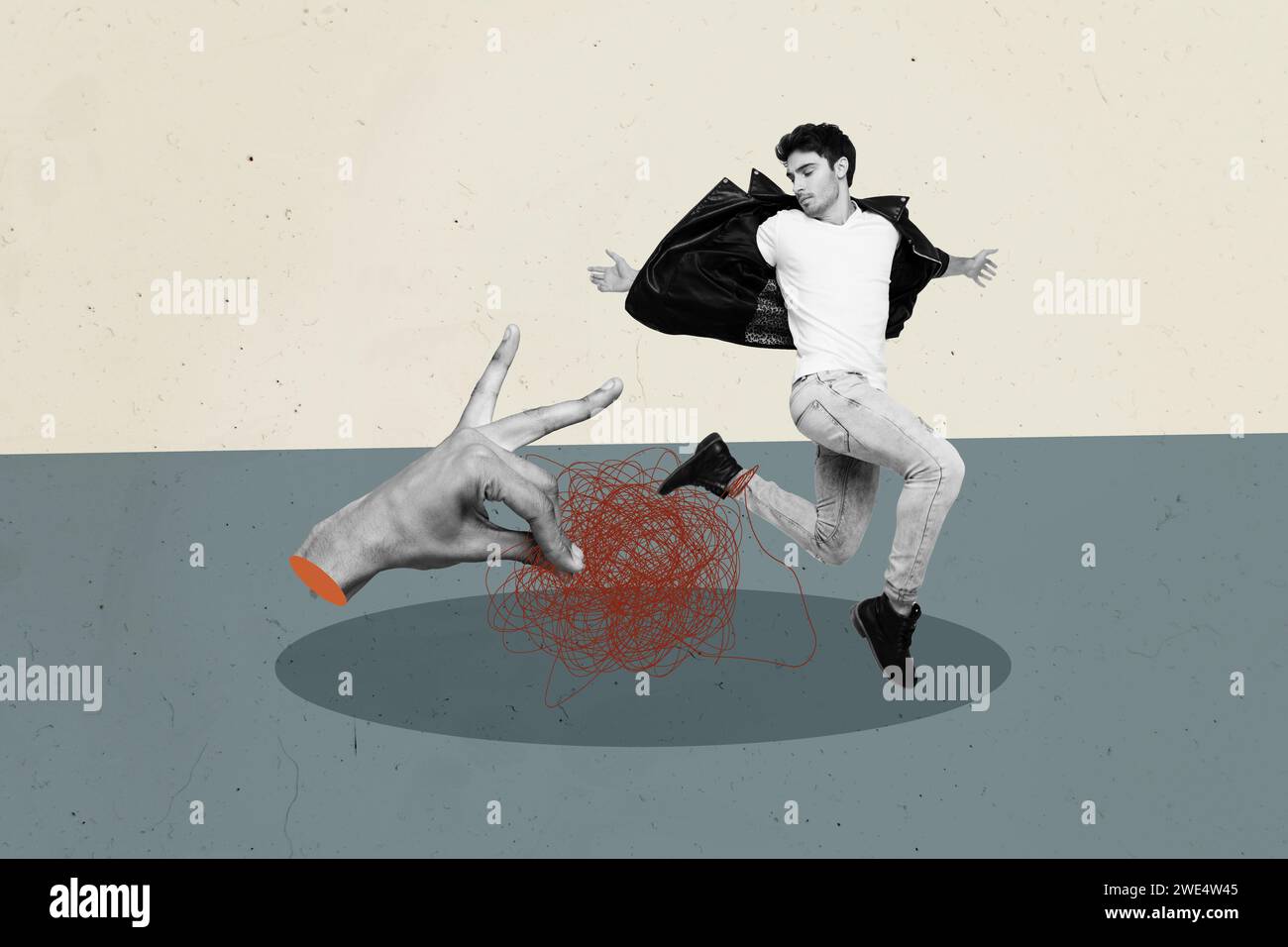 Creative collage image of black white effect arm fingers hold string ...