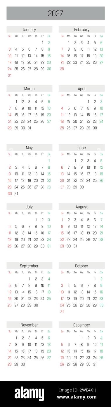 Monthly calendar of year 2027. Week starts on Sunday. Block of months ...