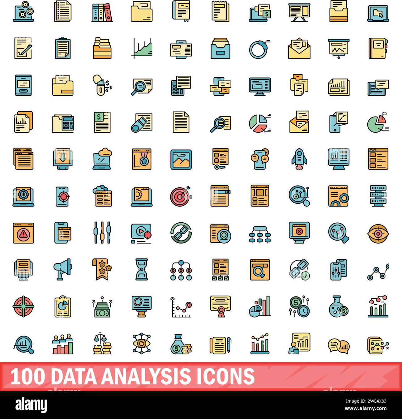 100 data analysis icons set. Color line set of data analysis vector ...