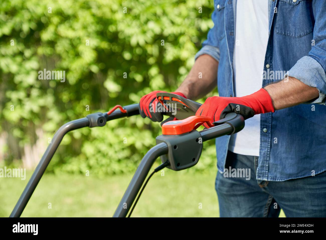 Crop view of gardener in casual outfit mowing lawn with modern lawn ...
