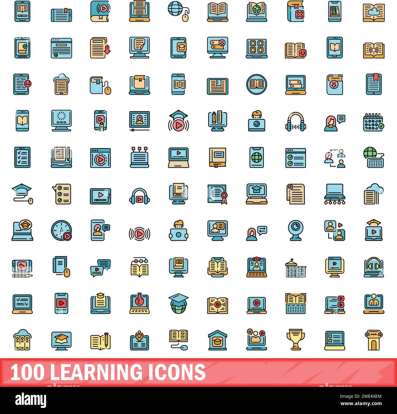 100 learning icons set. Color line set of learning vector icons thin ...