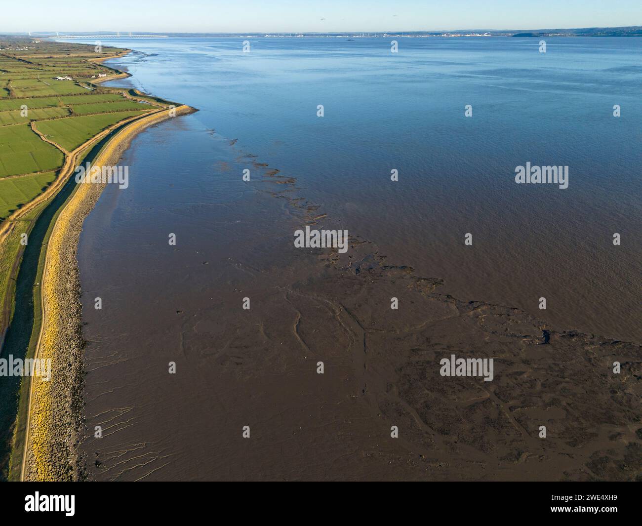Gold Cliff sea wall, South Wales with the Severn eatuary Stock Photo ...