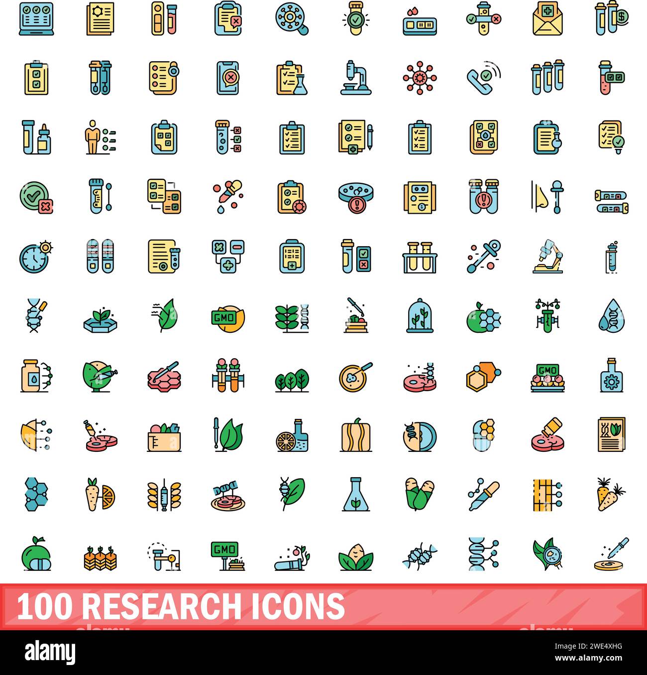 100 research icons set. Color line set of research vector icons thin line color flat on white ...