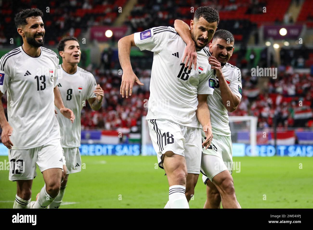 Al Rayyan, Qatar. 15th Jan, 2024. Aymen Hussein of Iraq celebrates his ...