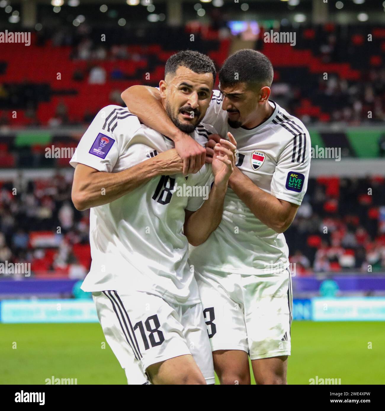 Al Rayyan, Qatar. 15th Jan, 2024. Aymen Hussein of Iraq celebrates his ...