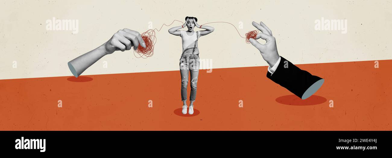 Artwork collage of black white effect arms hold painted mess string ...