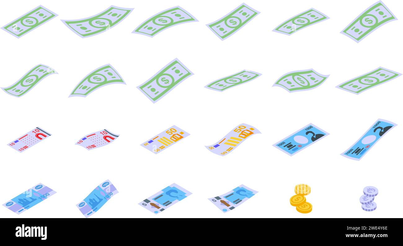 Fly banknote icons set isometric vector. Falling money bill. Dollar ...