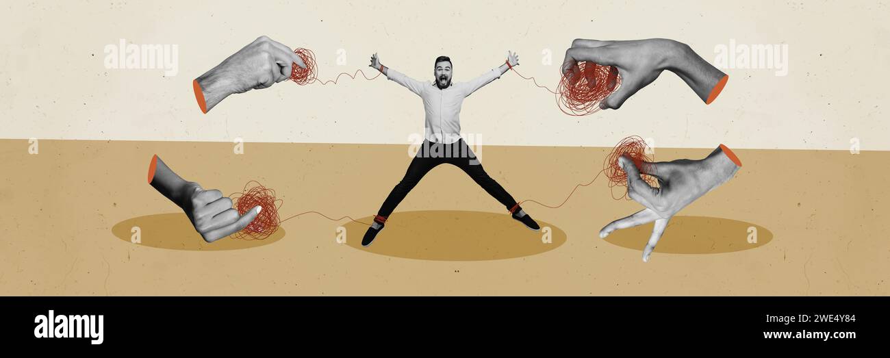 Collage picture of black white colors arms fingers hold pull mess ...