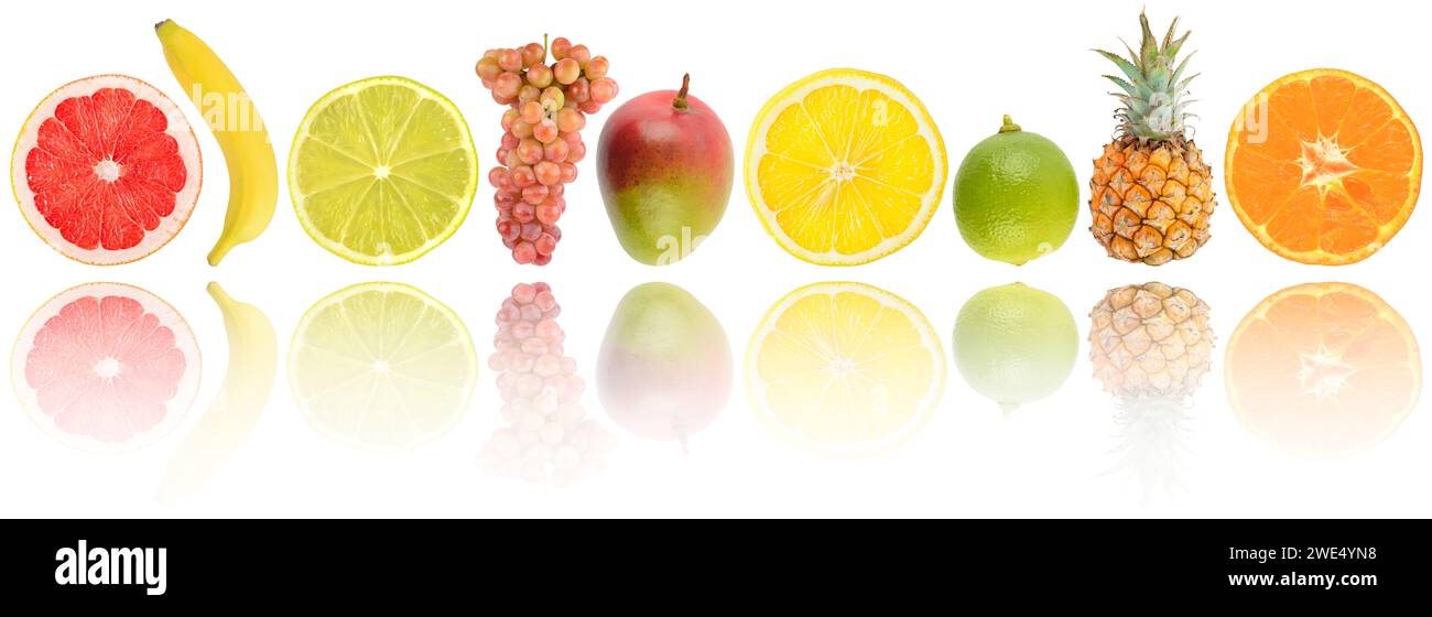 Fresh tropical fruits in a row with light reflection isolated on white ...