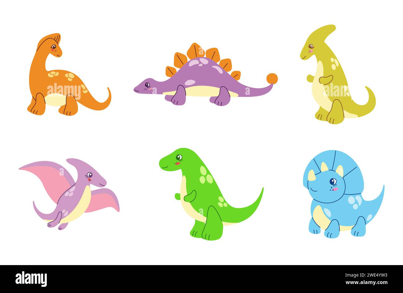 Set of cute colored dinosaur doodle. Hand drawn vector illustration in ...