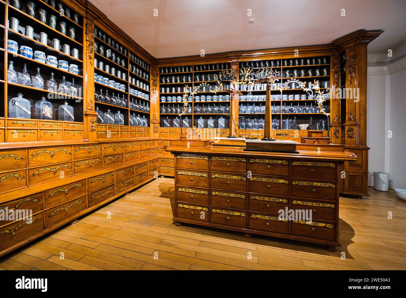 Exhibition of baroque pharmacy with the late baroque pharmacy furniture ...