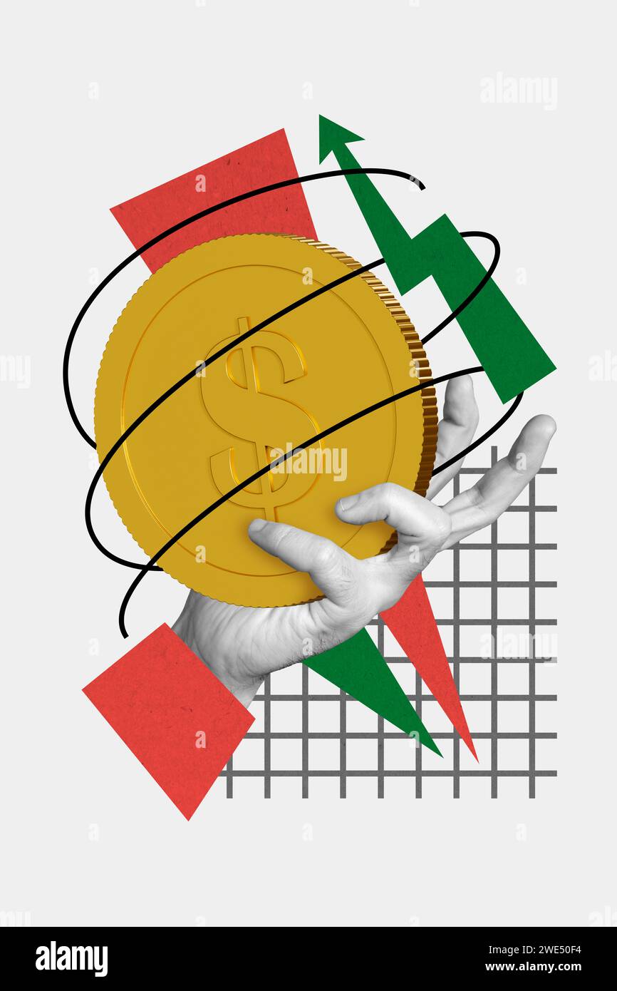 Vertical collage image of arm holding golden money financial success ...