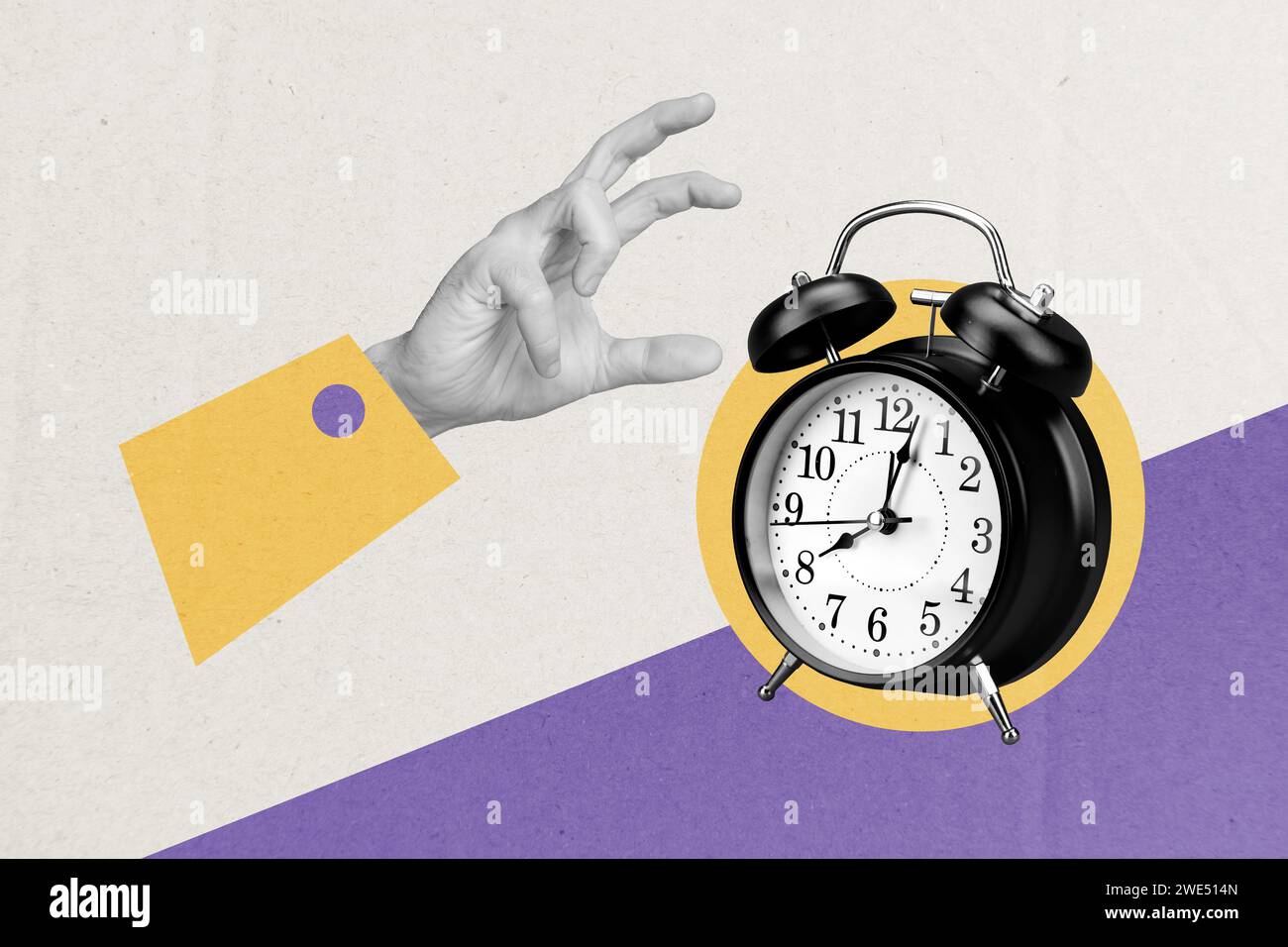 Photo collage artwork minimal picture of arm turning off ringing clock ...